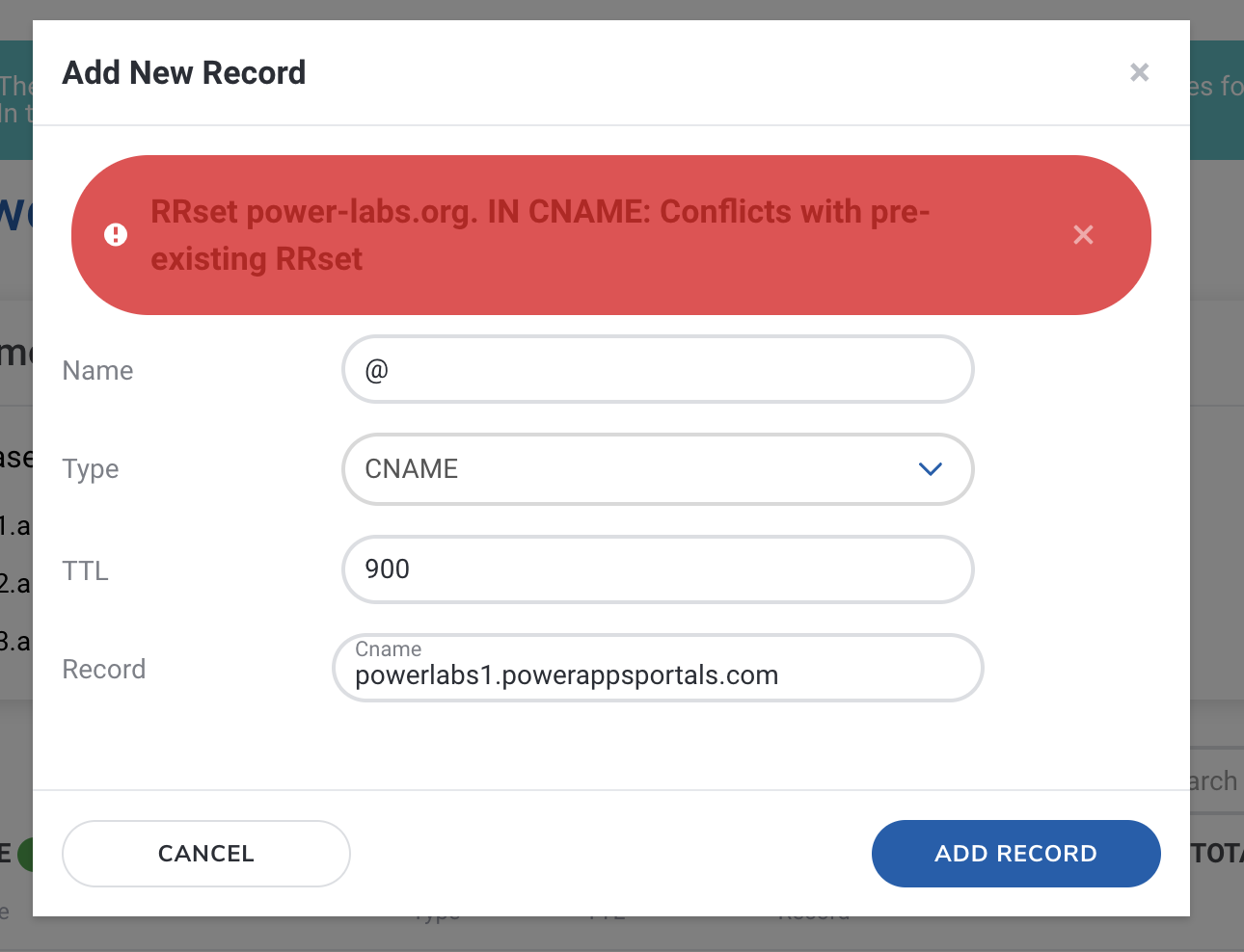 Power Pages custom domain and RRset conflict error – CloudMinded